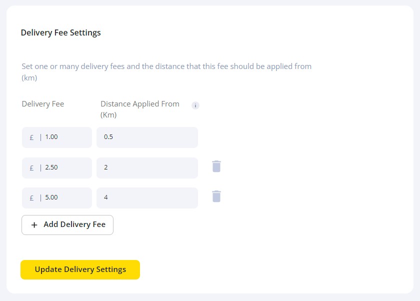 Delivery Fee Settings